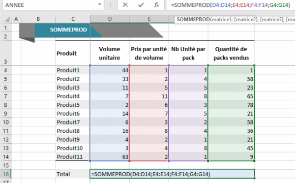 Fonction SOMMEPROD Excel
